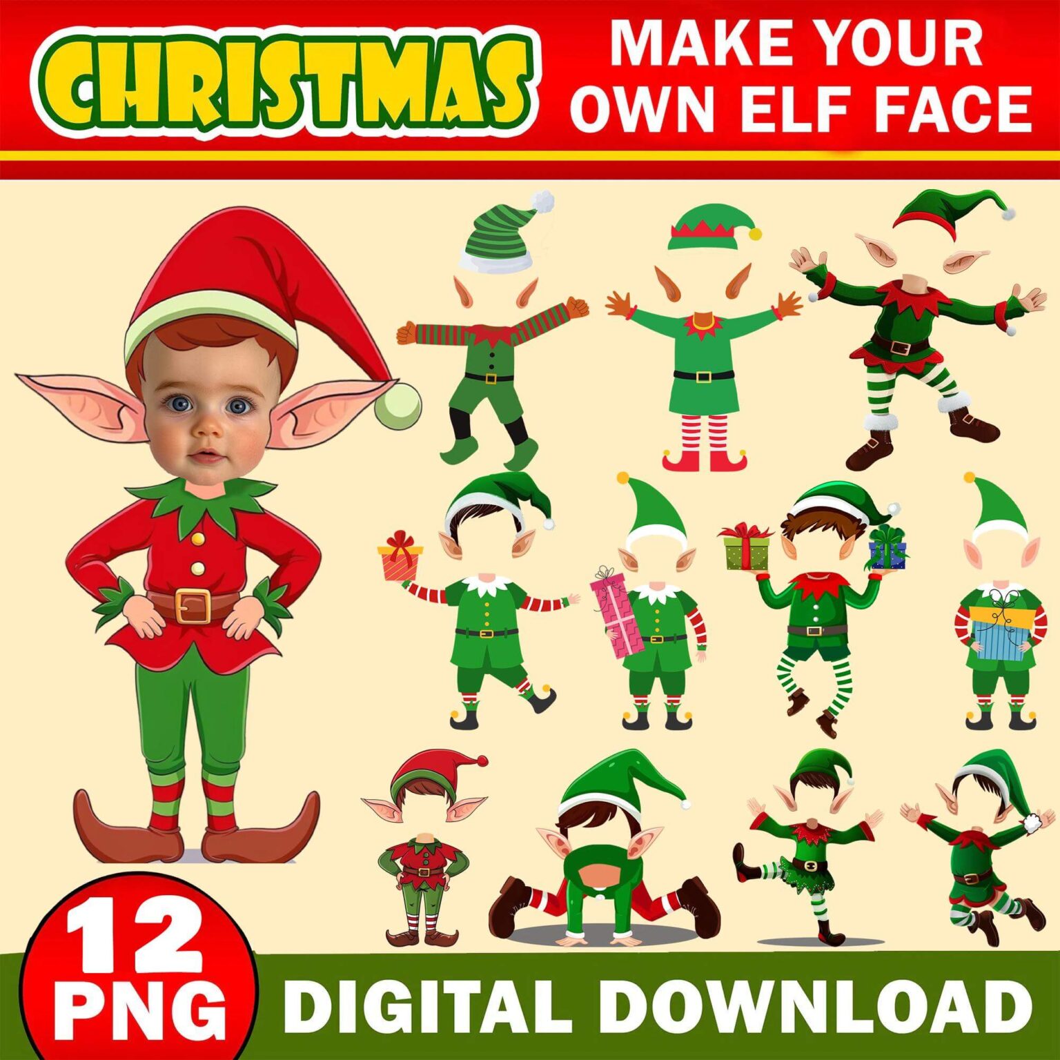 12x Christmas Add Your Own Elf Photo Face