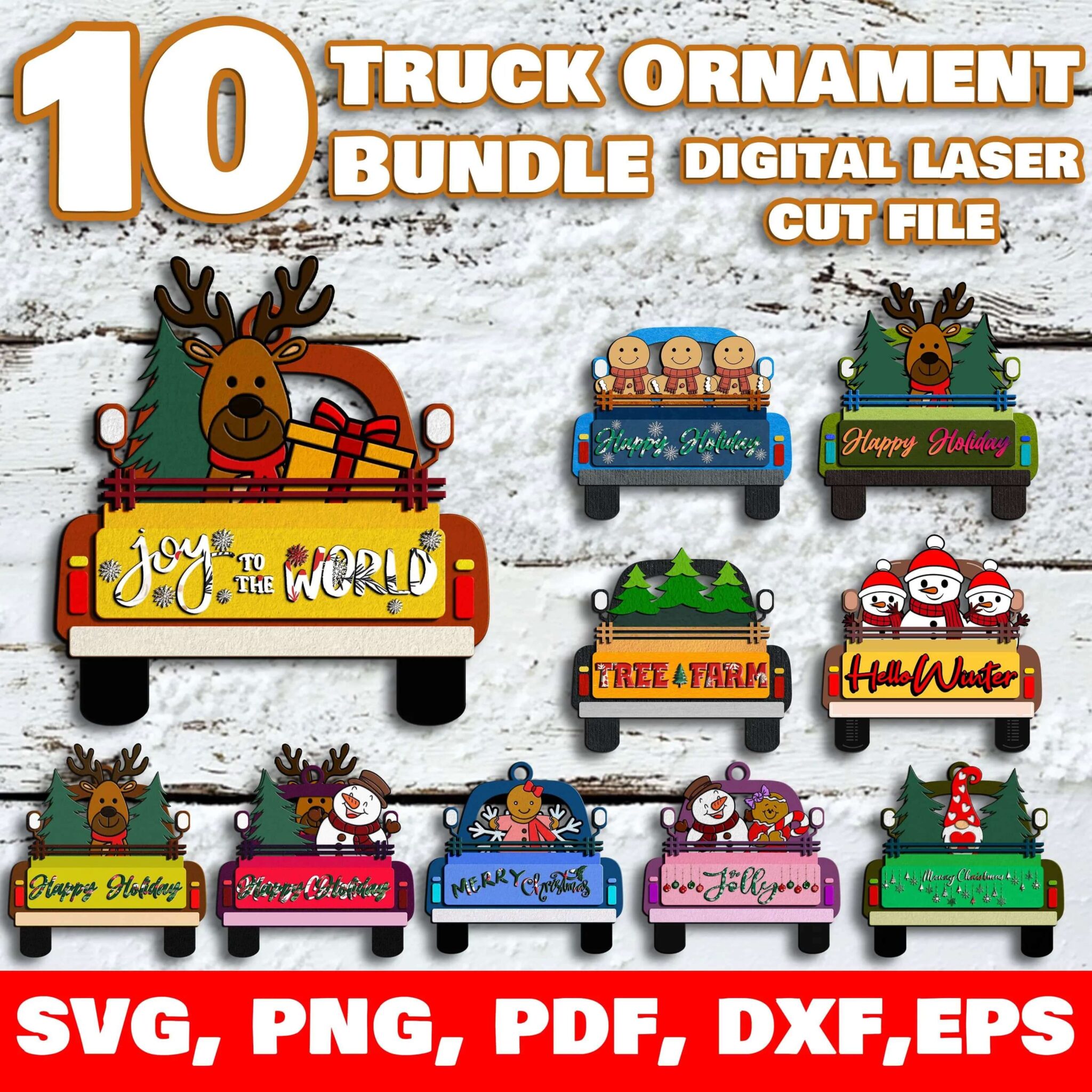 10x Christmas Truck Ornament Laser Cut SVG File Bundle